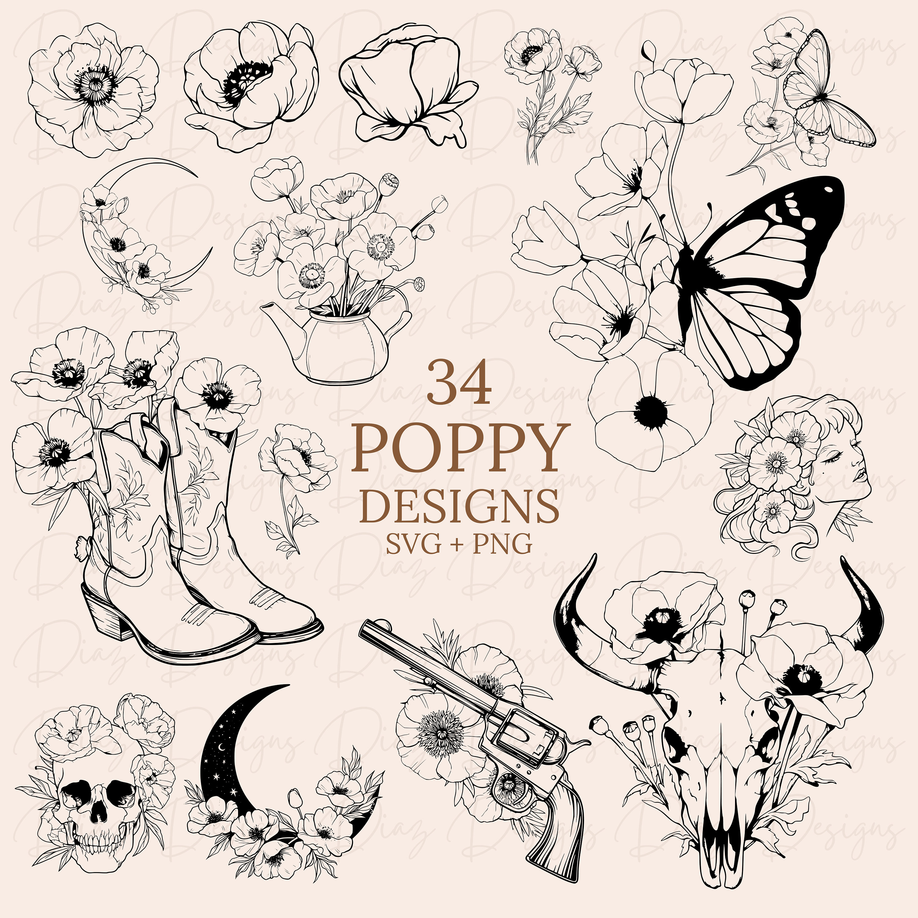 Poppy Svg, Poppy Clipart, Poppies Svg, Poppy Flower Svg, Floral Bundle ...