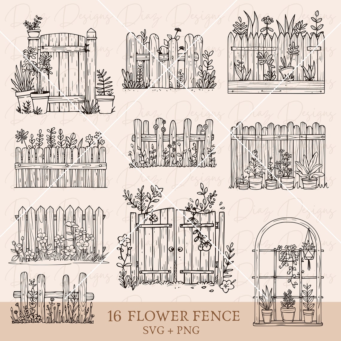 Flower Fence Svg, Garden Fence Png, Wooden Fence Svg, Fence Bundle ...