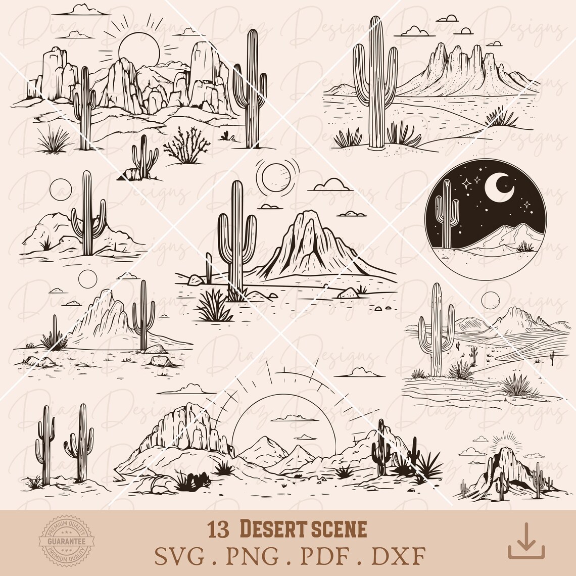 Desert Landscape Svg, Desert Scene Vector, Desert Vector, Cactus ...