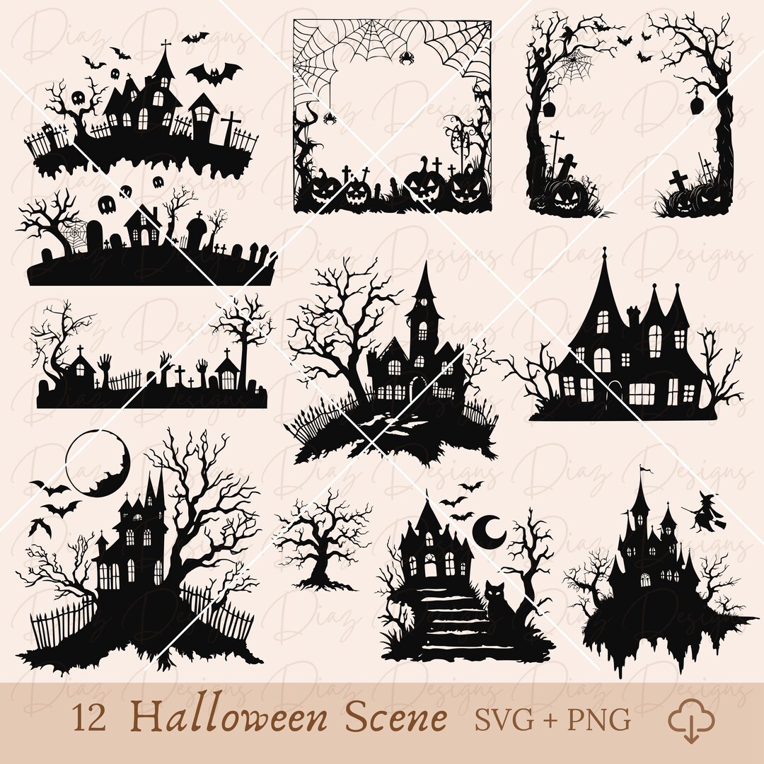 Halloween Scene Svg, Halloween Town Clipart, Haunted House Vector ...