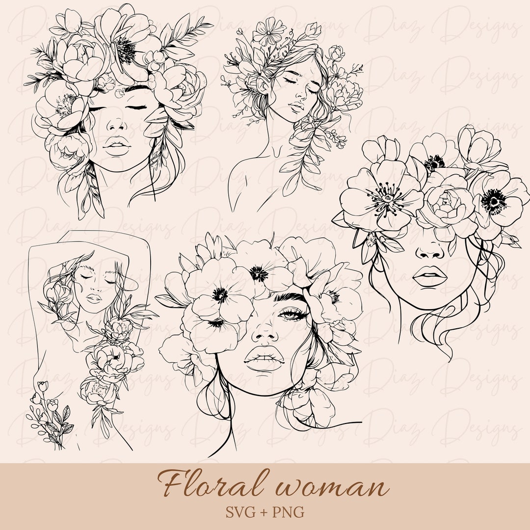 Floral Woman Svg, Floral Woman Clipart Cut File, Woman Line Svg, Flower ...