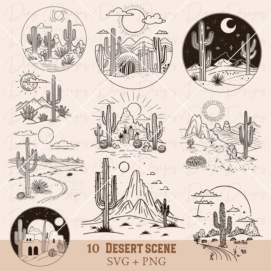 Desert Landscape Svg, Desert Vector, Desert Clipart, Cactus Scene Svg ...