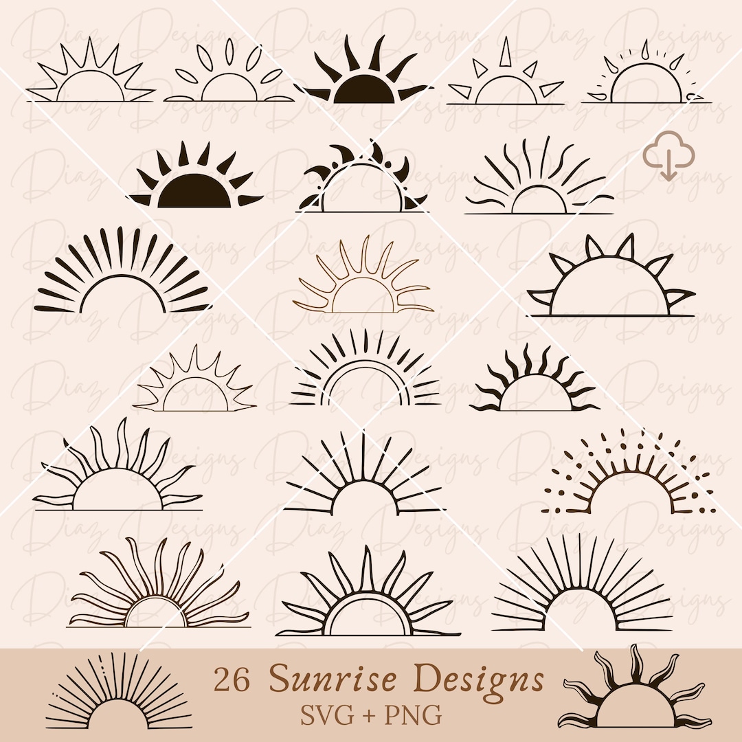 Sun Svg Bundle, Sunburst Svg, Boho Sun Png, Sunset Vector Cut File ...