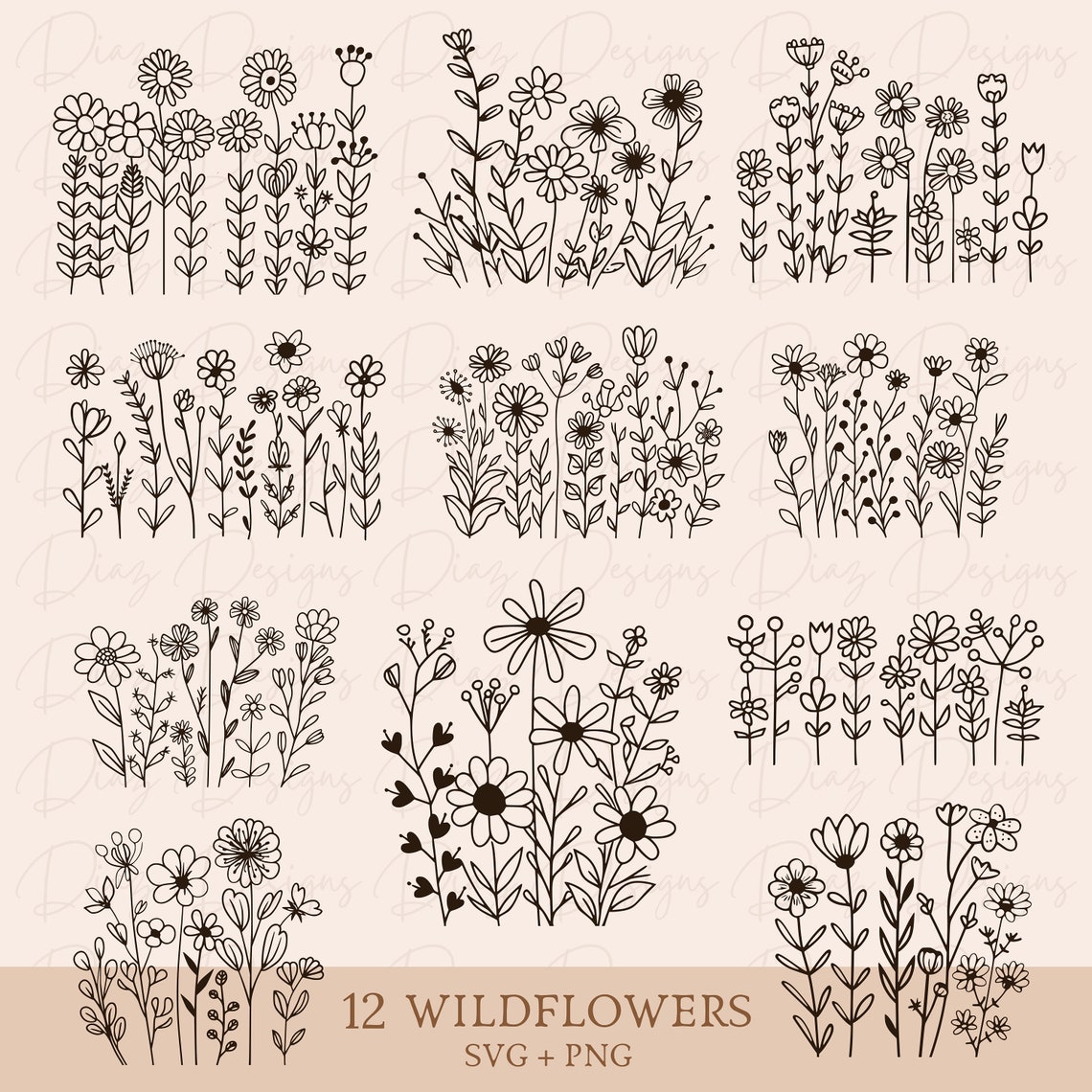 Wildflower Border Svg, Row of Flowers Svg, Flower Field Svg, Botanical ...