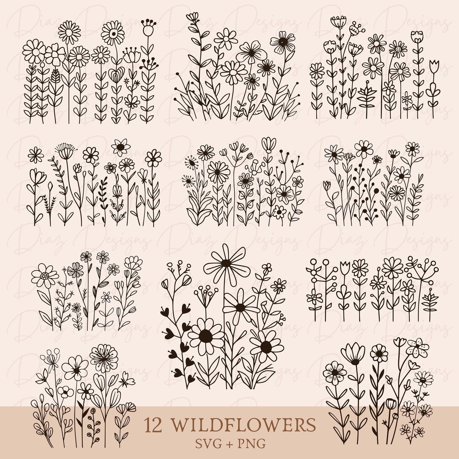 Wildflower Border Svg, Row of Flowers Svg, Flower Field Svg, Botanical ...