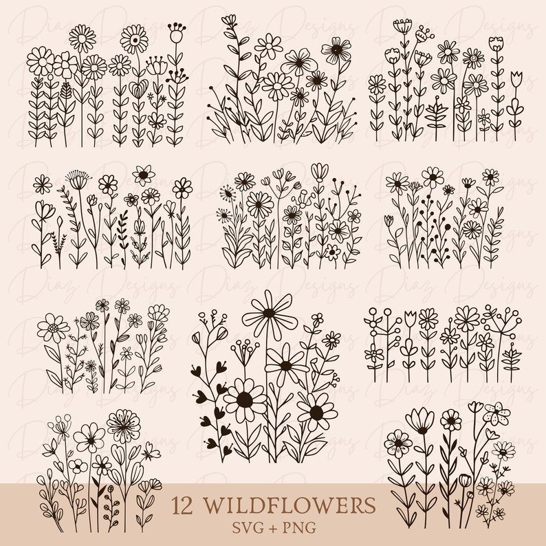 Wildflower Border Svg, Row of Flowers Svg, Flower Field Svg, Botanical ...