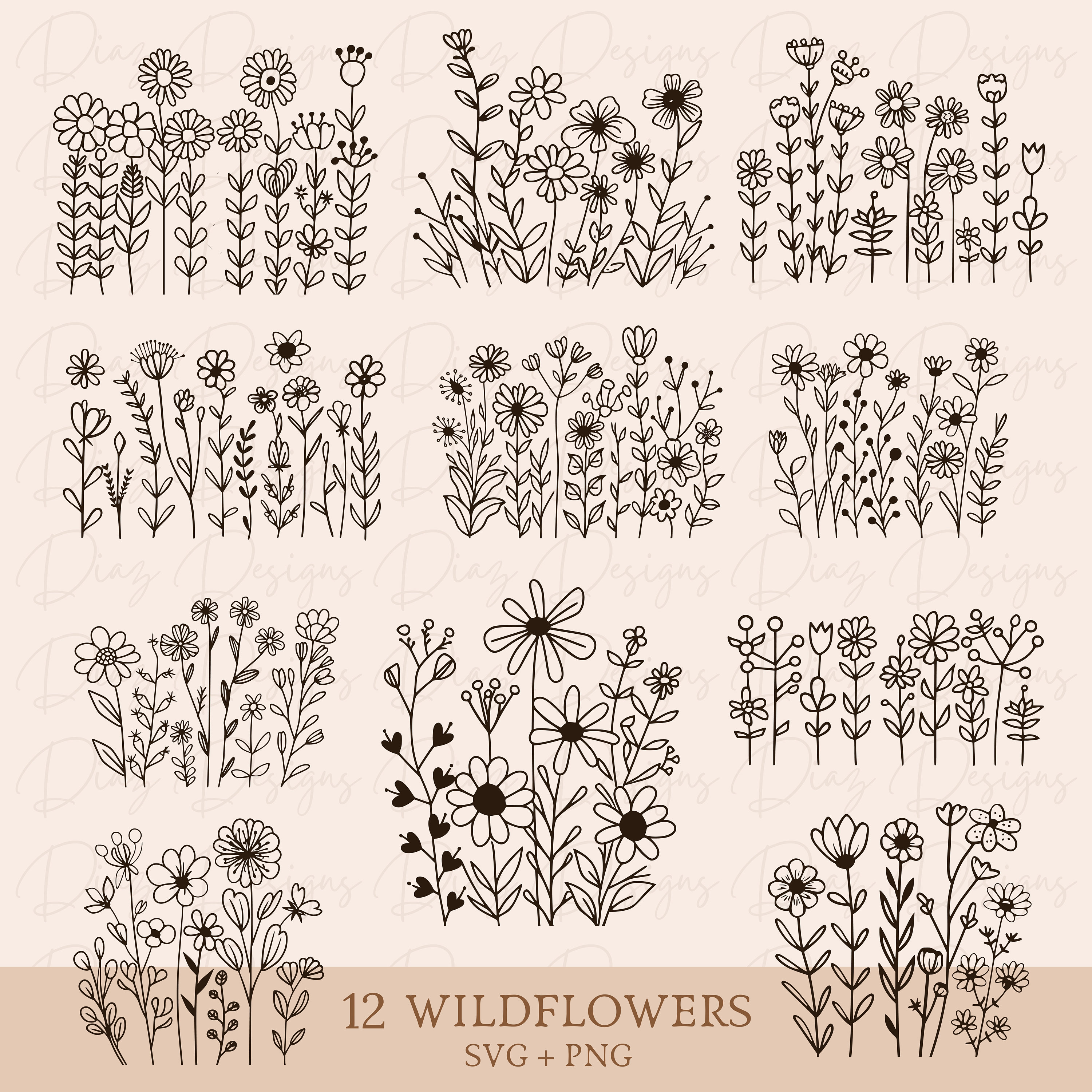 Wildflower Border Svg, Row of Flowers Svg, Flower Field Svg, Botanical ...