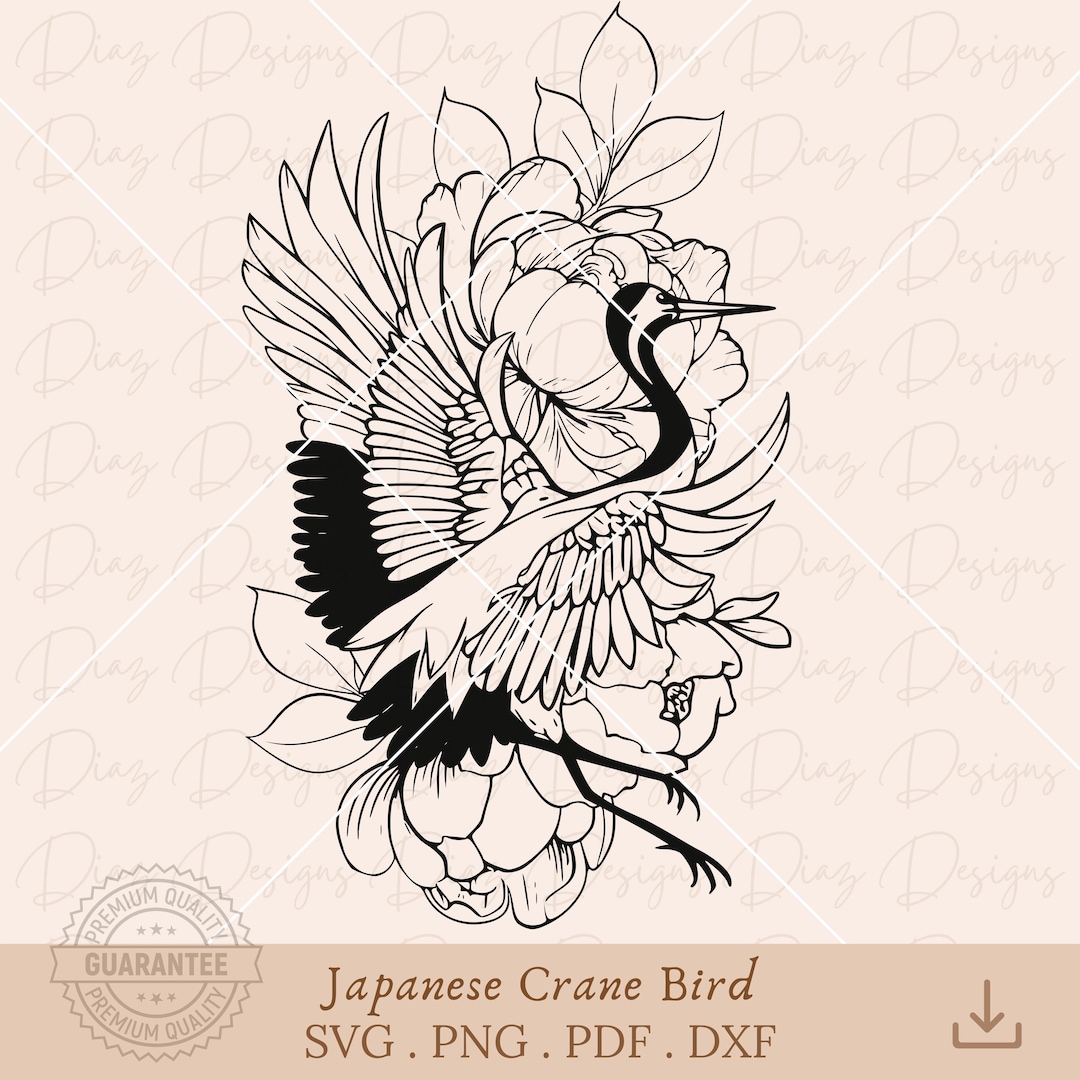 Japanese Crane Bird Svg, Crane Bird Flowers Svg, Japanese Tattoo ...