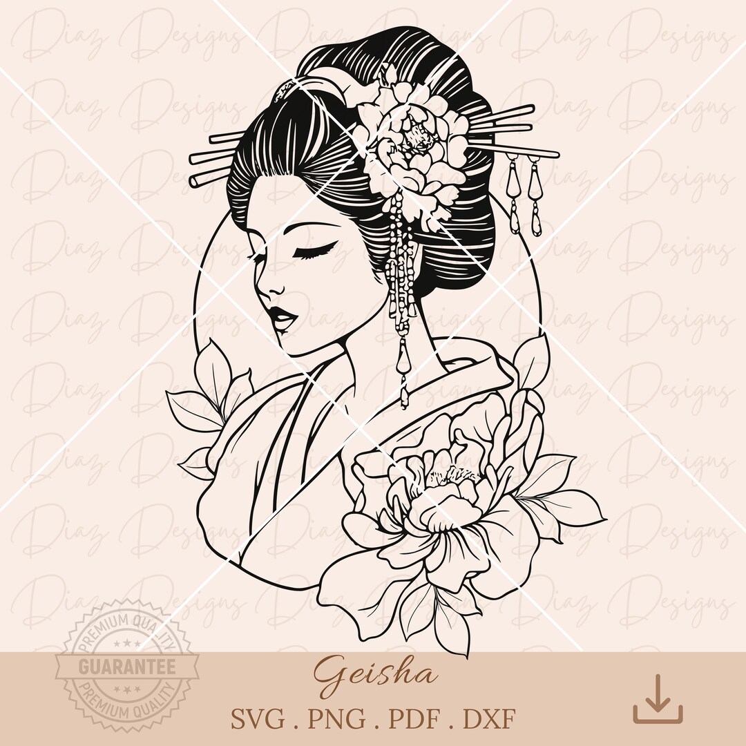 Geisha Japanese Svg Cut File, Geisha Tattoo Design Svg, Geisha Peony ...