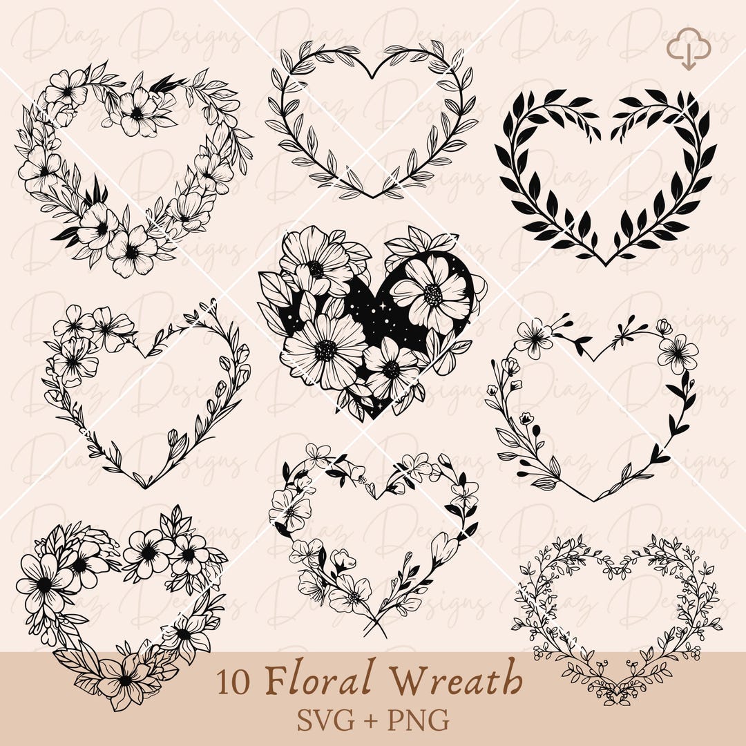 Floral Heart Wreath Svg, Floral Frame Svg, Heart Shape Svg, Floral Line Art Svg, Flower Heart ...