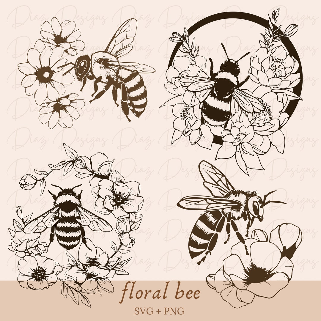 Floral Bee Svg File, Honey Bee Svg, Flower Bee Clipart, Bee Wreath Svg ...