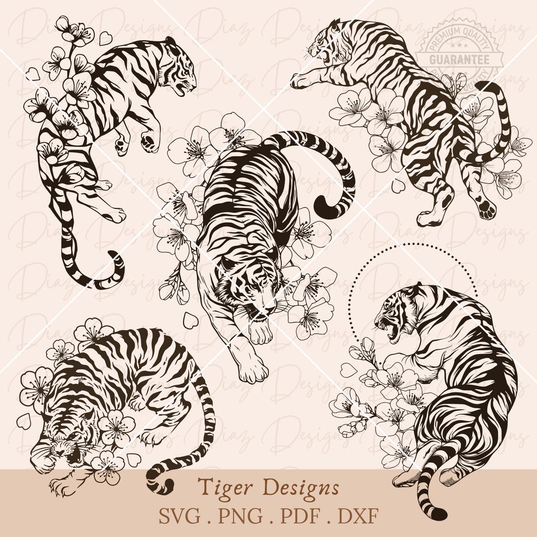 Tiger Floral Bundle Svg, Japanese Tiger Svg, Tiger Sakura Cricut, Tiger ...