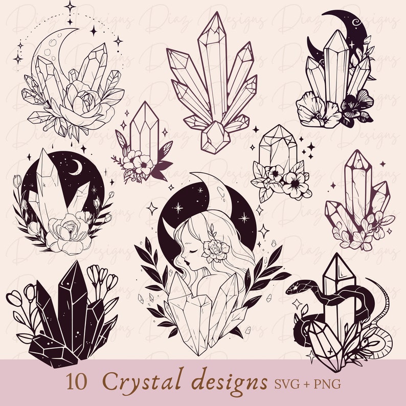 Crystal Svg Bundle, Magic Crystals Svg, Crystal Moon Svg, Floral ...