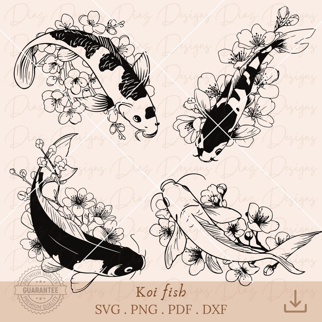 Japanese Koi Fish Svg, Floral Koi Fish Clipart, Koi Carps Svg Cut File ...