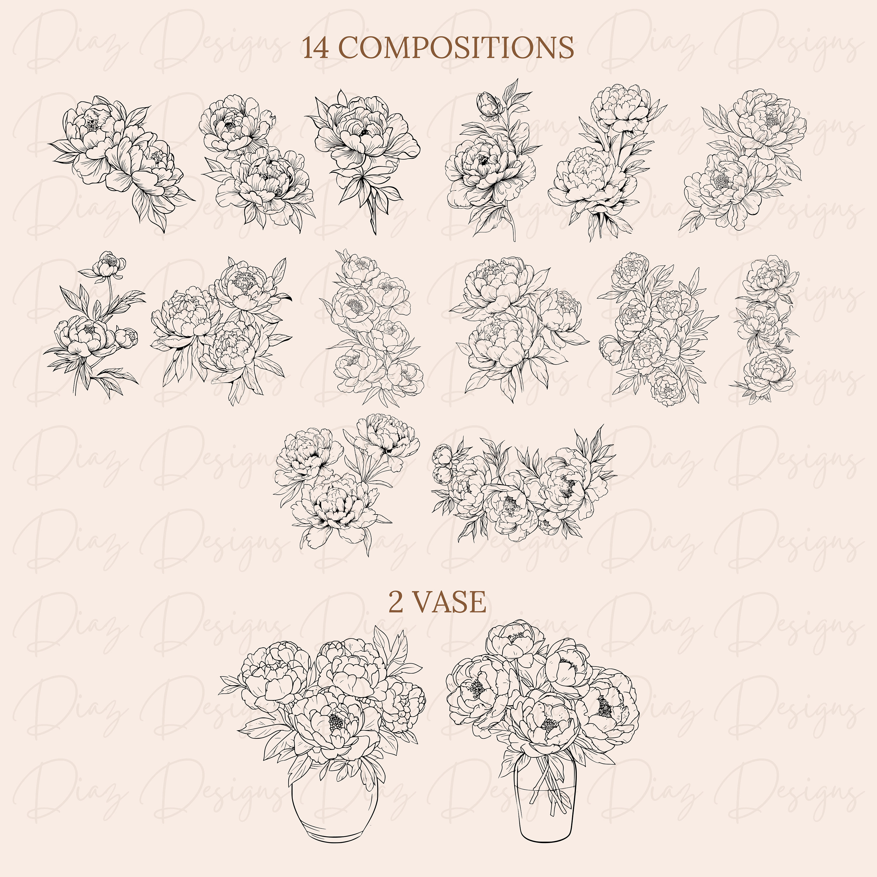 Peony Bundle Svg, Peony Png, Wedding Peony Svg, Wildflower Svg, Floral Bundle Svg, Botanical Svg ...