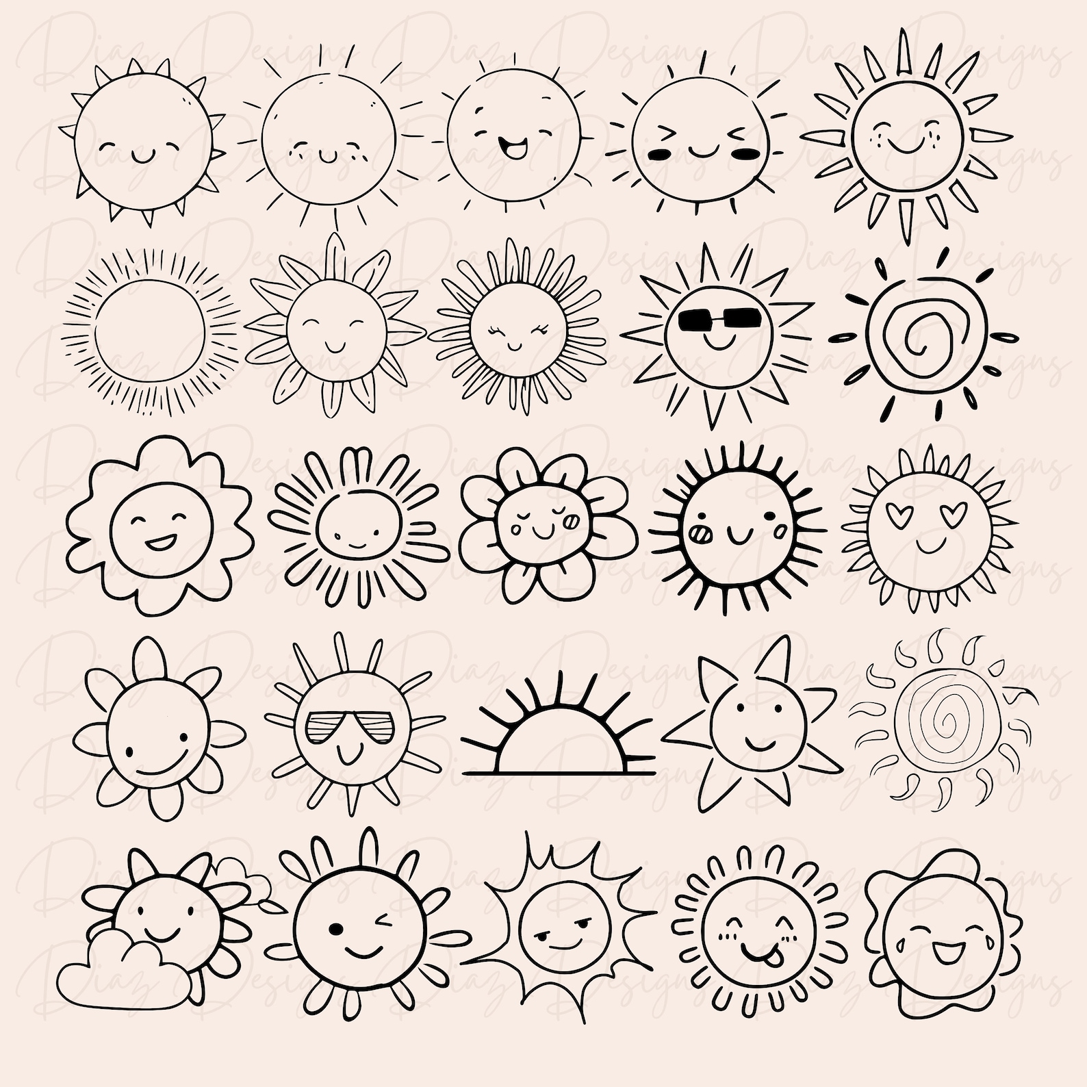 Sunset Sun Svg Bundle, Doodle Sun Svg, Sunrise Clipart, Cute Sun Png ...