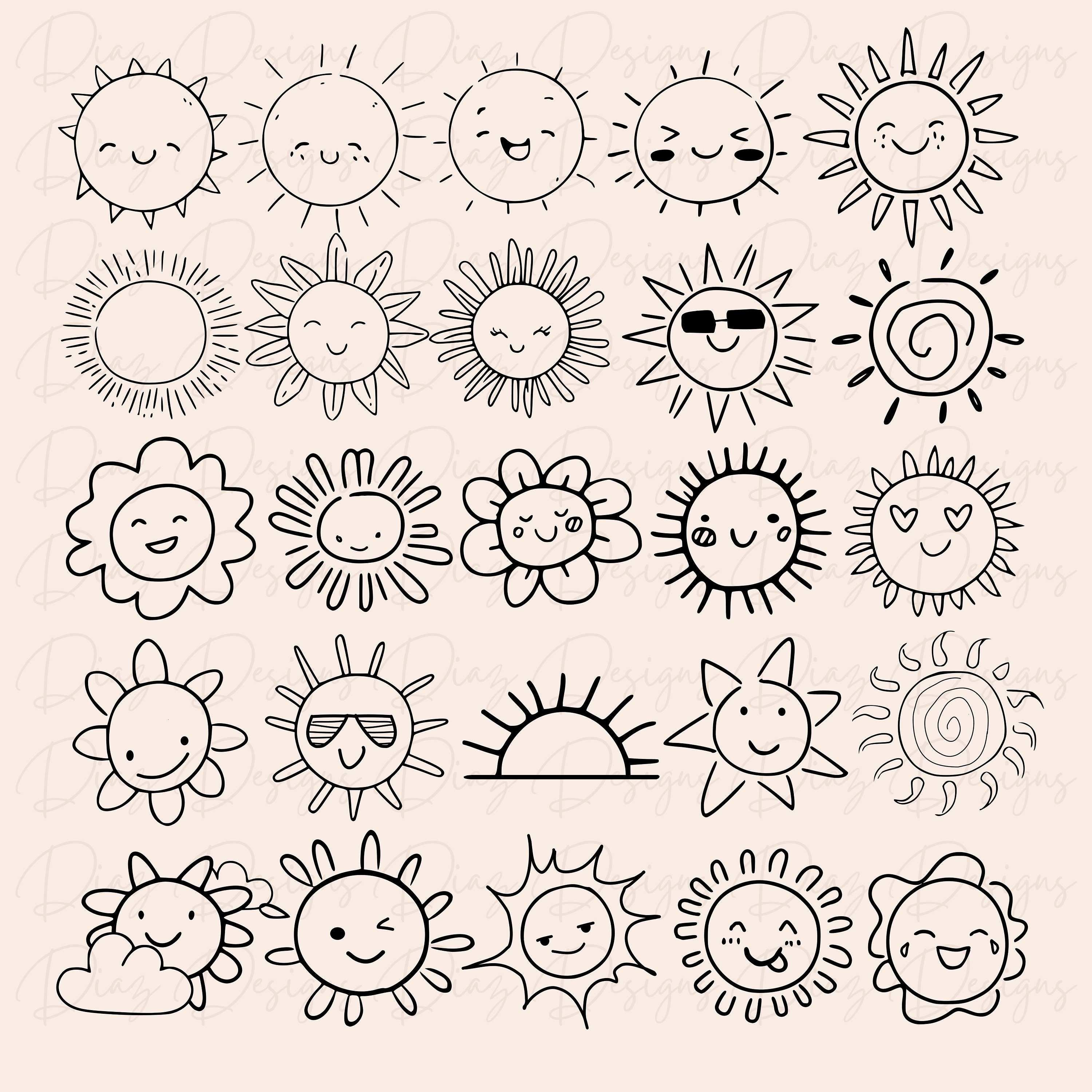 Sunset Sun Svg Bundle, Doodle Sun Svg, Sunrise Clipart, Cute Sun Png ...