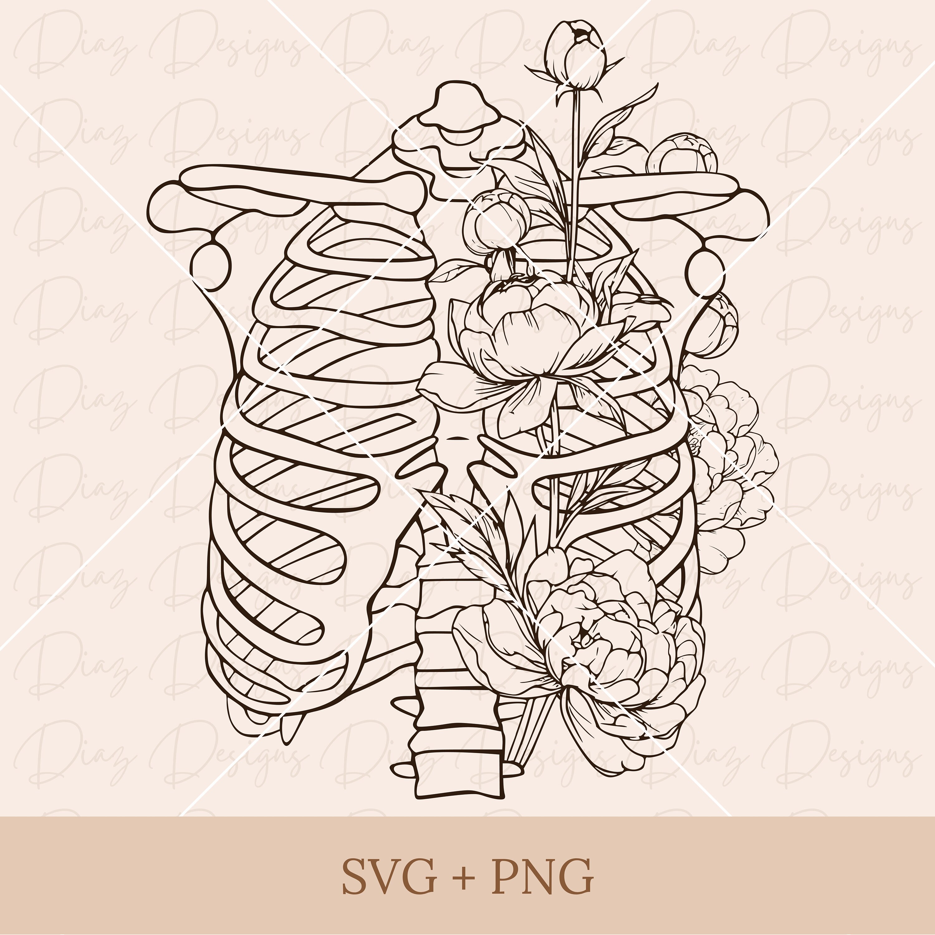 Floral Skeleton Ribcage Svg, Bones Svg, Peony Skeleton Svg, Flower ...