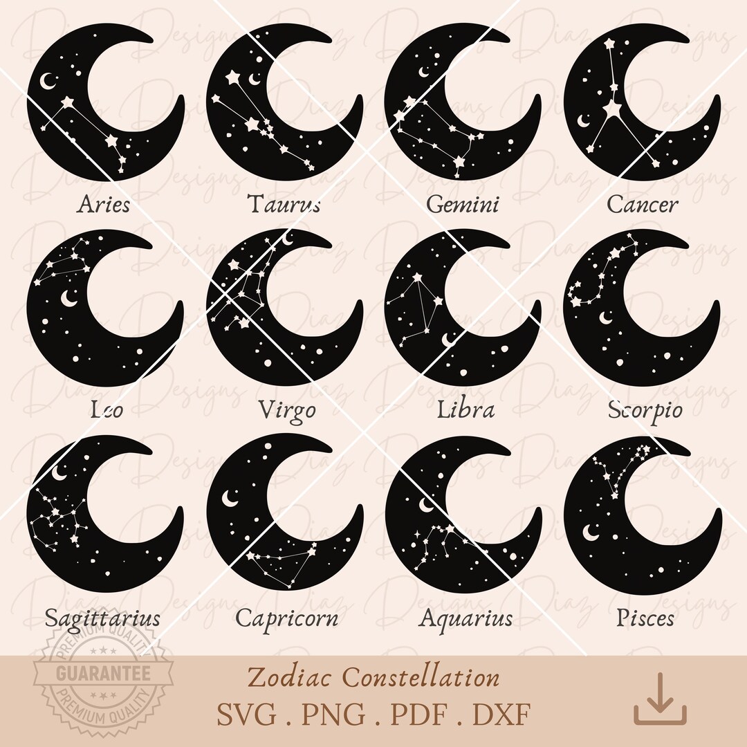 Constellation Zodiac Moon Symbol Svg, Zodiac Stars Sign Clipart ...