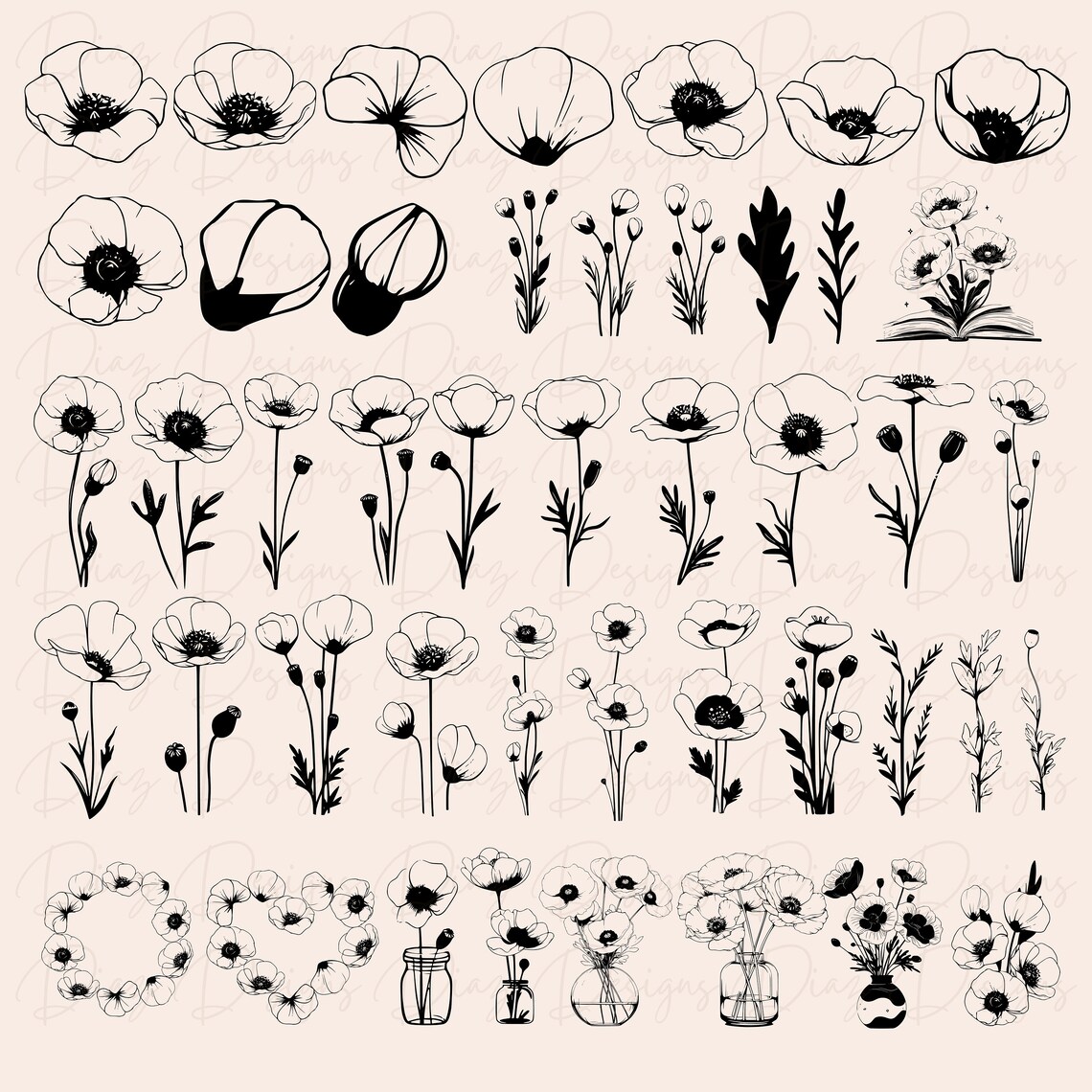 Poppy Svg, Poppy Clipart, Poppies Svg, Poppy Flower Svg, Floral Bundle ...