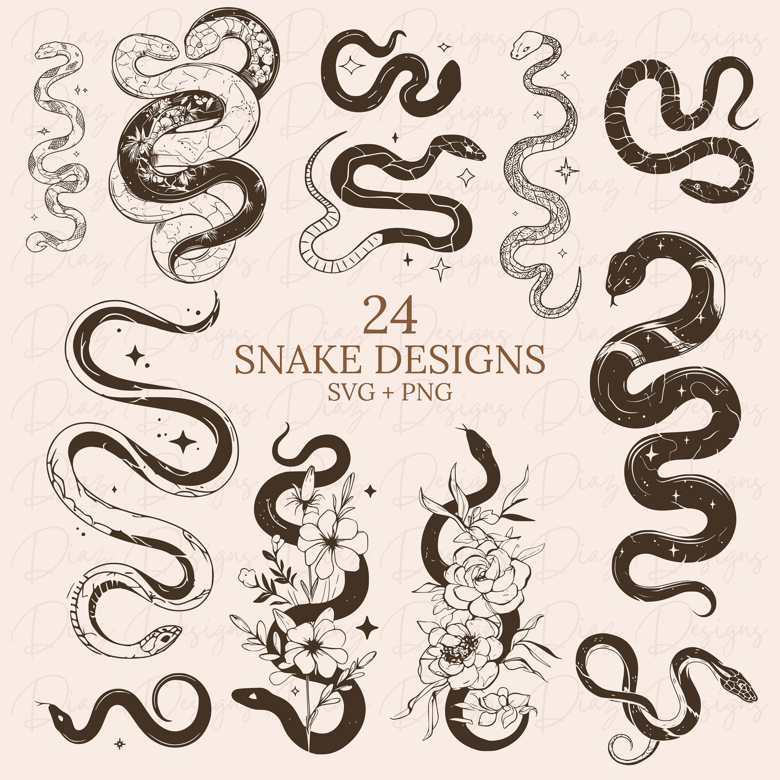 Snake Svg Bundle, Snake Design Svg, Snake Clipart, Floral Snake Svg ...