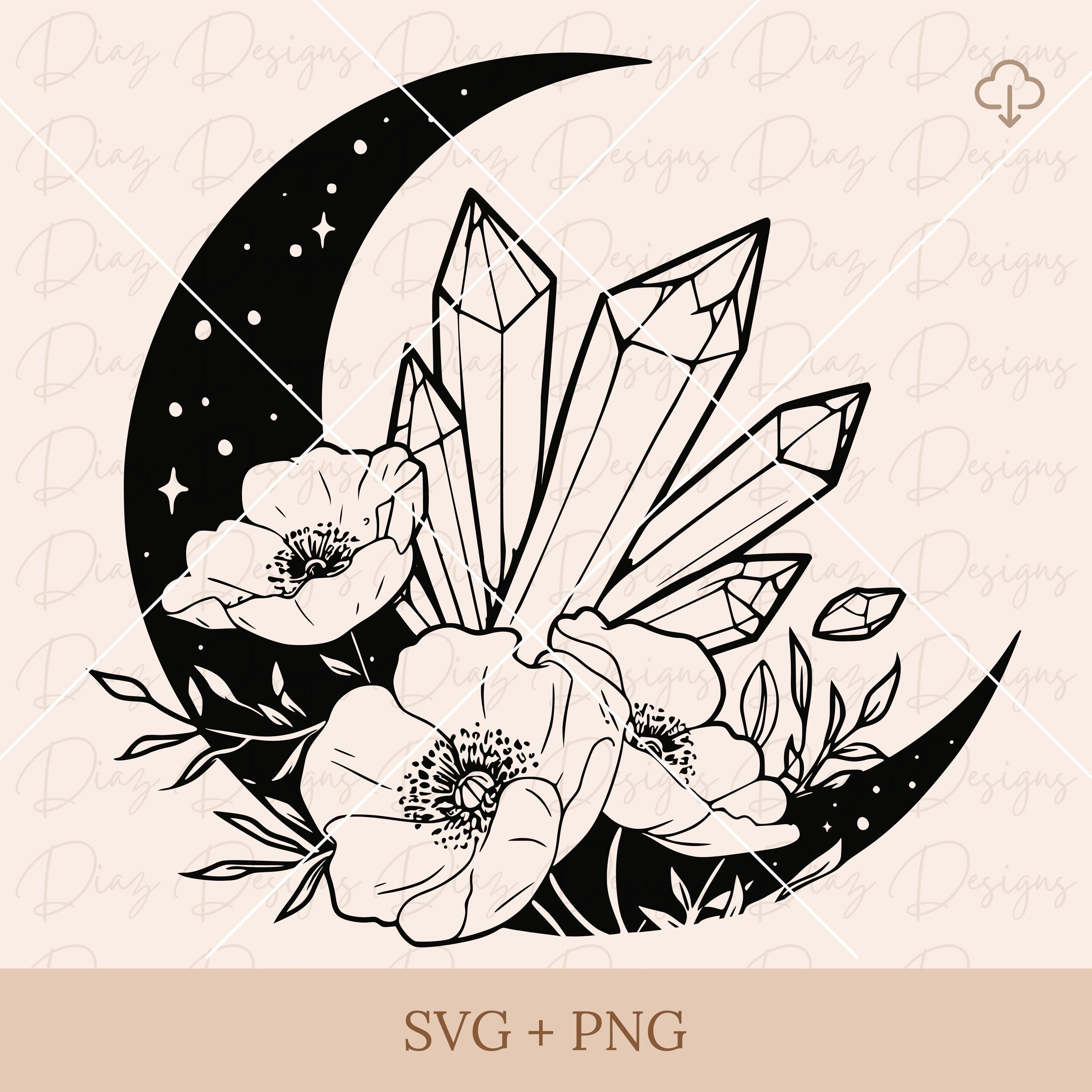 Crystal Moon Svg, Magic Crystals Png, Crystal Clipart, Floral Crystals ...