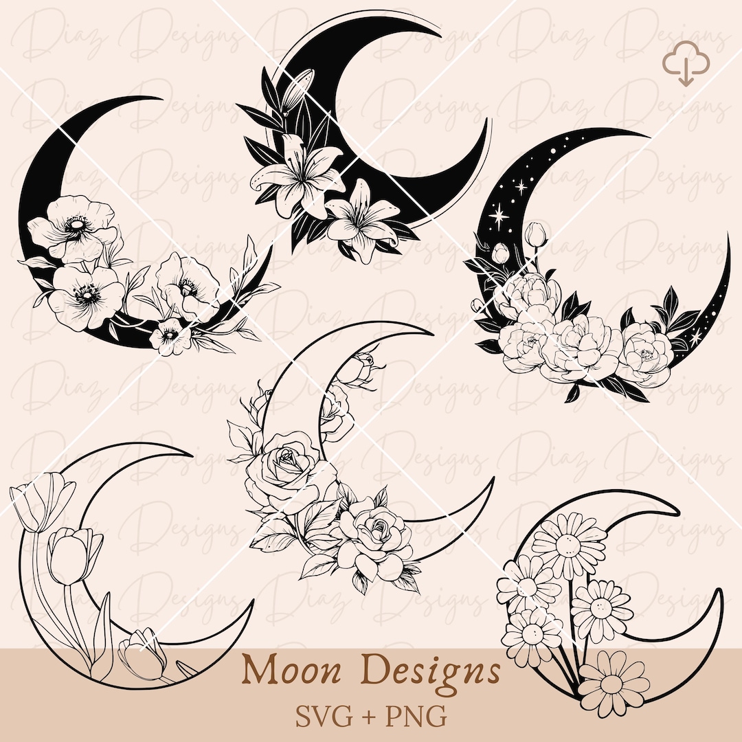 Floral Moon Svg, Flower Moon Clipart, Mystical Moon Png, Celestial Moon ...