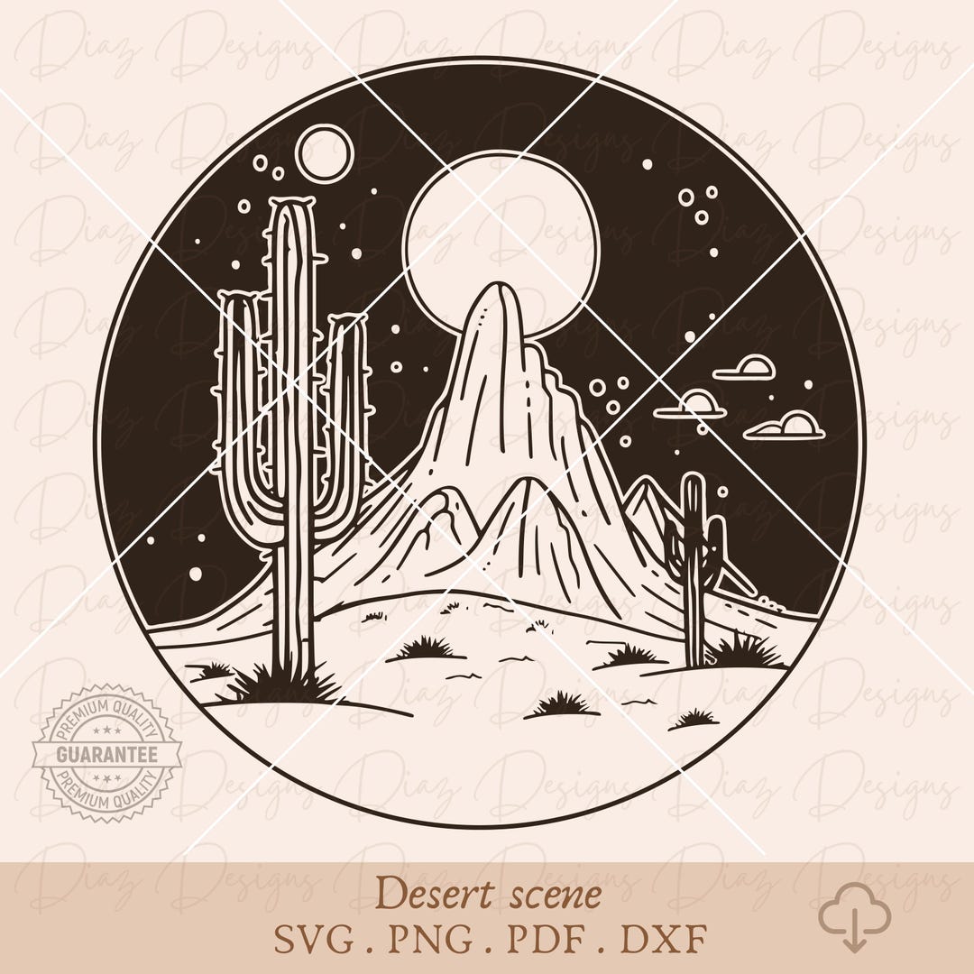 Desert Landscape Svg, Desert Vector, Desert Clipart, Cactus Scene Svg ...