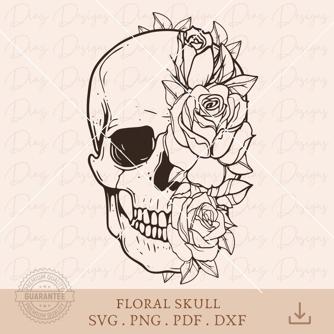 Floral Skull Head Svg, Skull Tattoo Clipart, Flower Skull Clipart ...