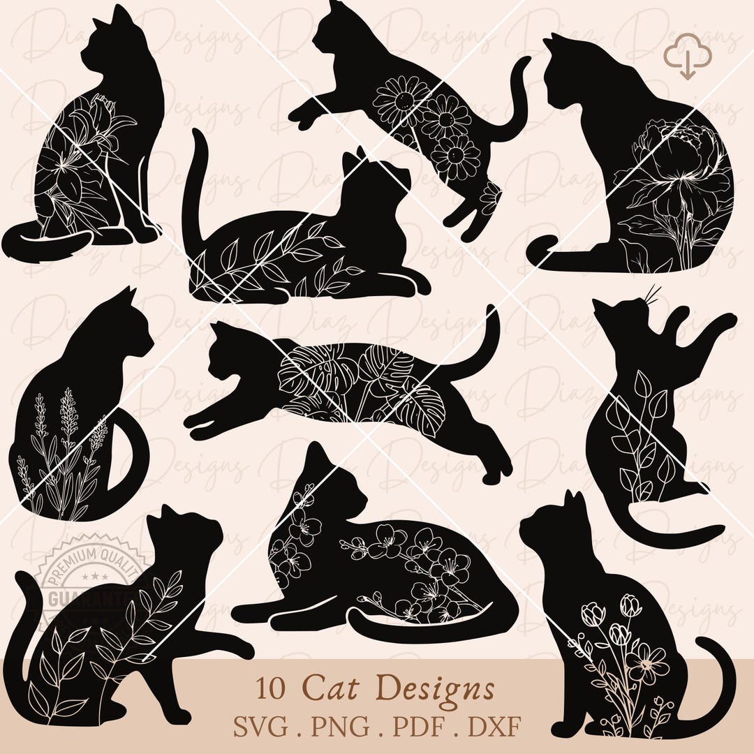 Cat Silhouette Svg, Floral Cat Head Png, Flower Cat Bundle Svg, Cat ...