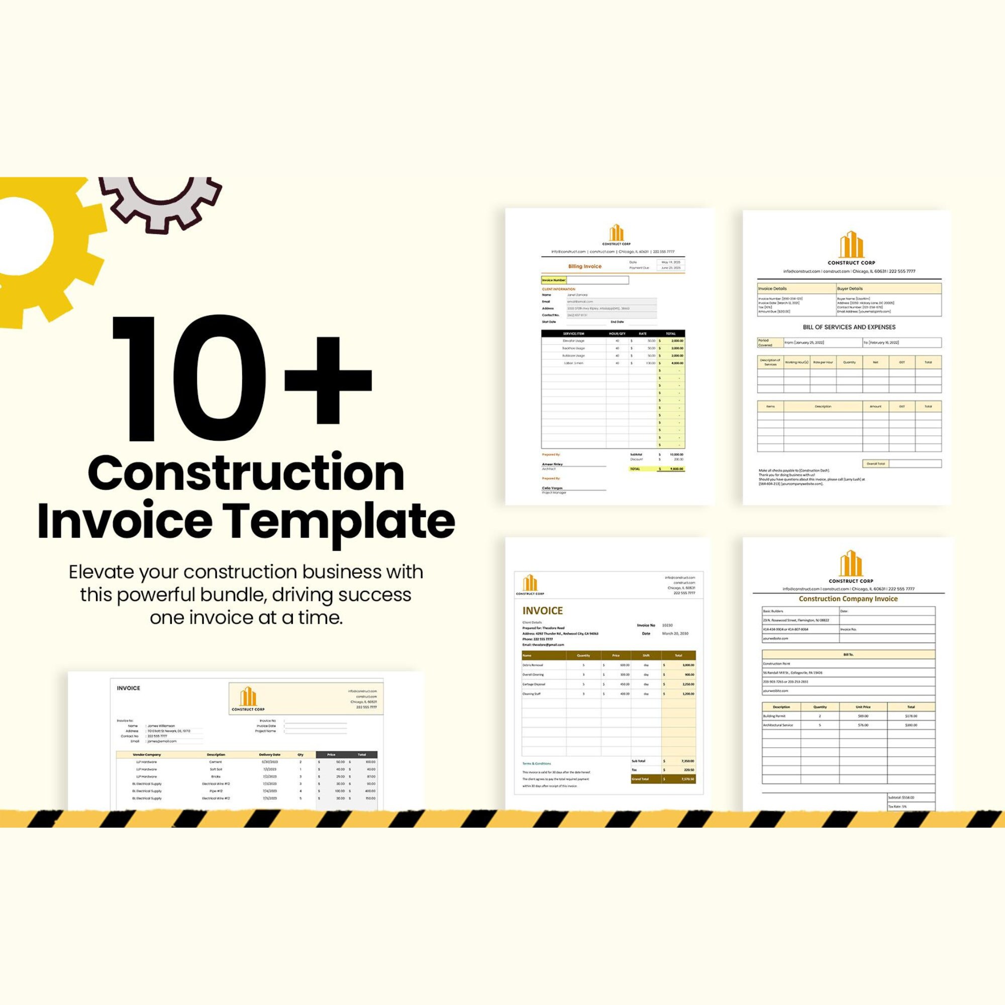 10 Construction Invoice Template Bundle Design in Excel Format. Easily ...