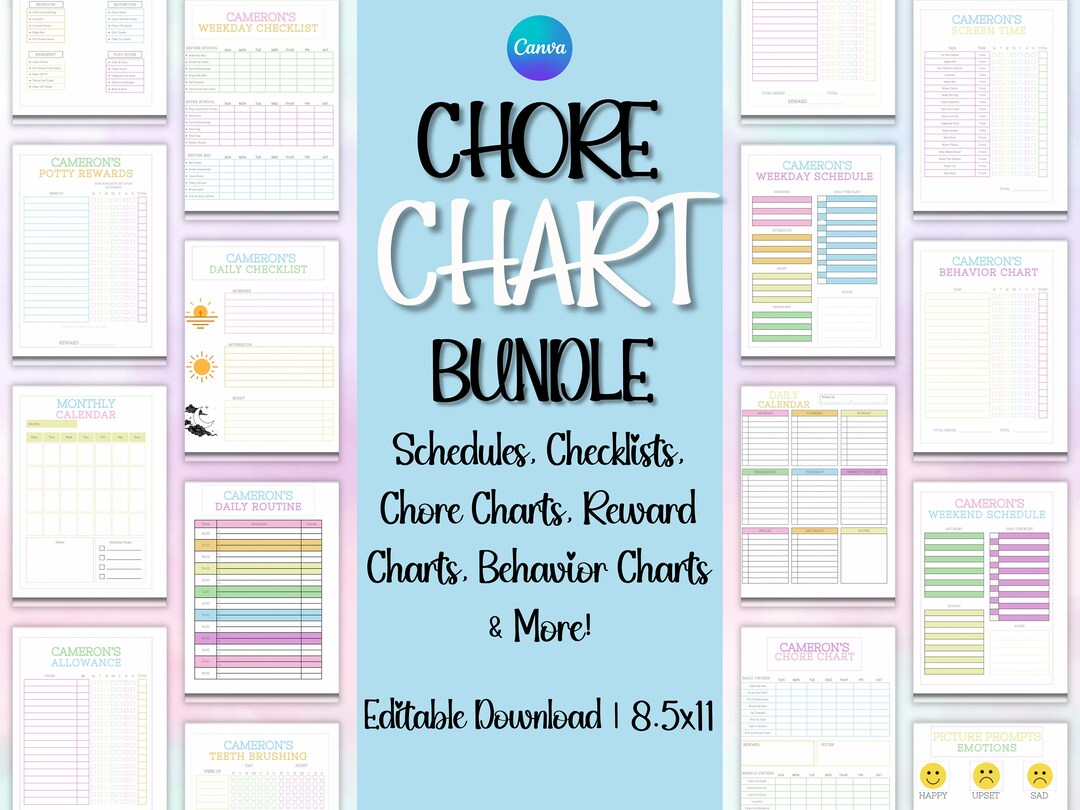 Editable Kids Chore Chart Bundle, Kid Daily Checklist, Responsibility ...
