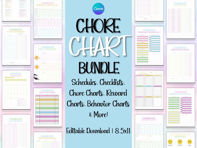 Editable Kids Chore Chart Bundle, Kid Daily Checklist, Responsibility ...