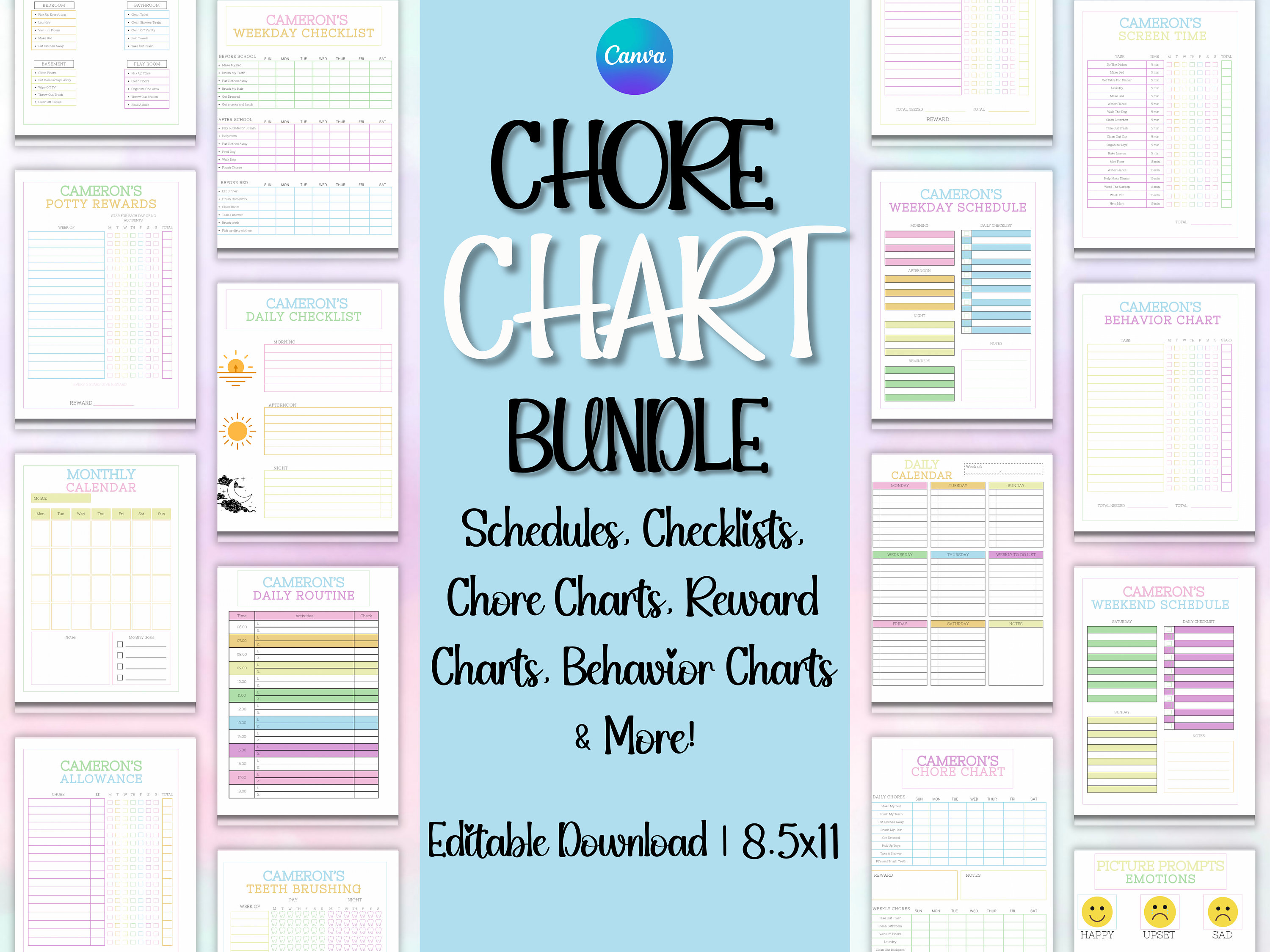 Editable Kids Chore Chart Bundle, Kid Daily Checklist, Responsibility ...