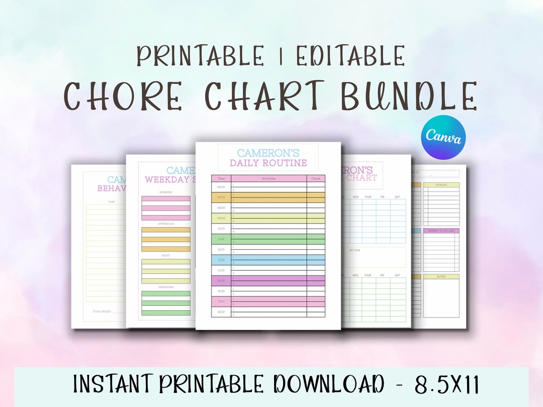 Editable Kids Chore Chart Bundle, Kid Daily Checklist, Responsibility ...