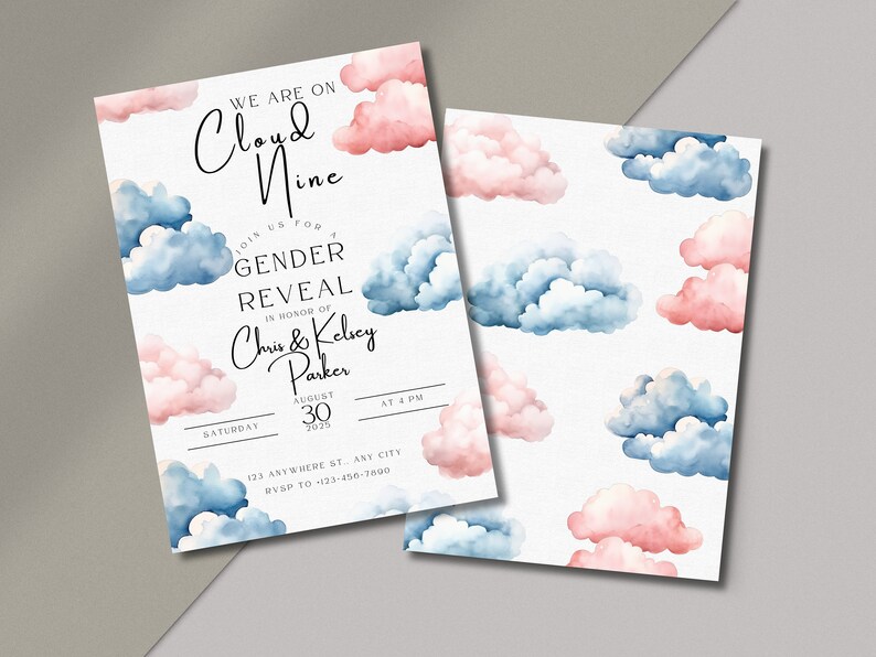 Blue and Pink Cloud Gender Reveal Invitation Template | Text Invite ...