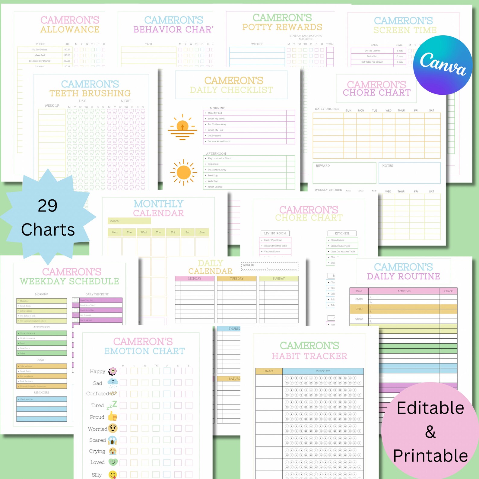 Editable Kids Chore Chart Bundle, Kid Daily Checklist, Responsibility ...