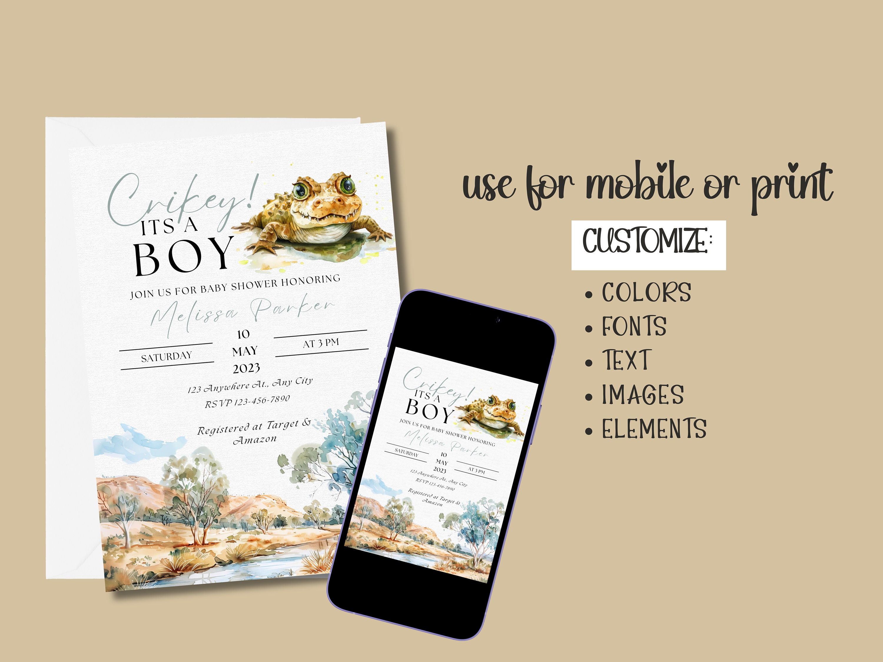 Crikey Its A Boy Baby Animal Baby Shower Invite | Crocodile Baby Shower ...