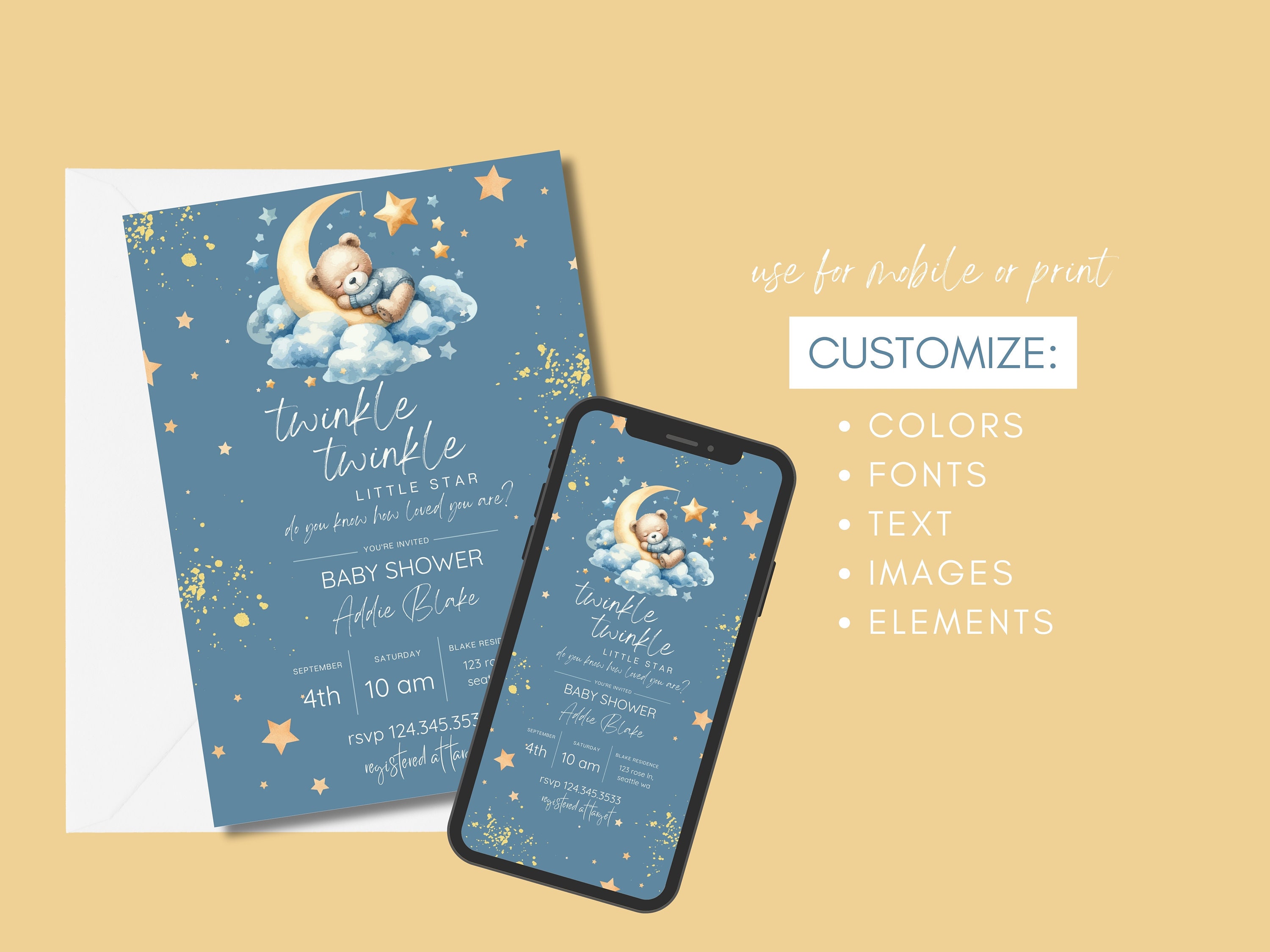Bear Moon and Star Baby Shower Invitation | Editable Teddy Bear Theme ...