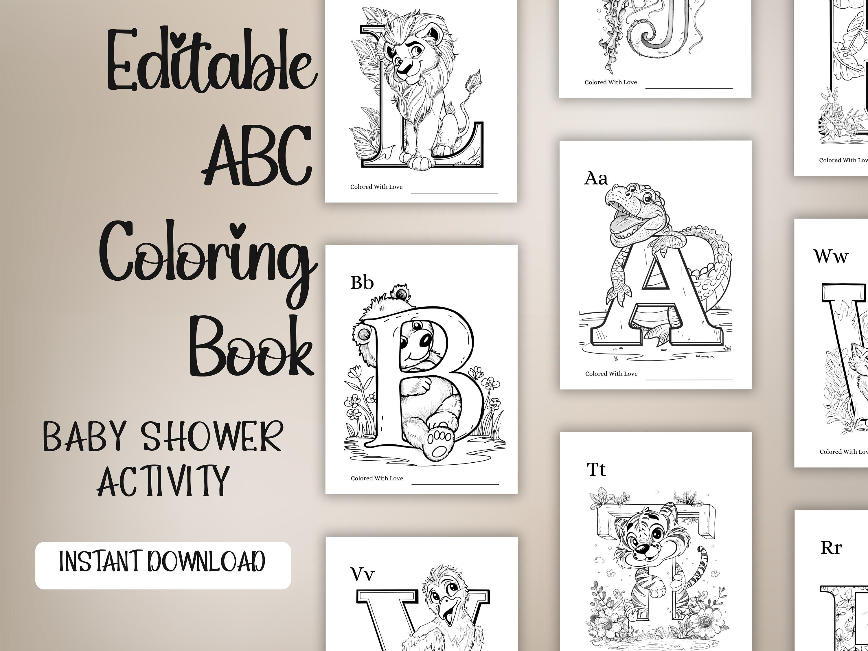 EDITABLE ABC Book Baby Shower Game, Baby Shower Coloring Pages ...