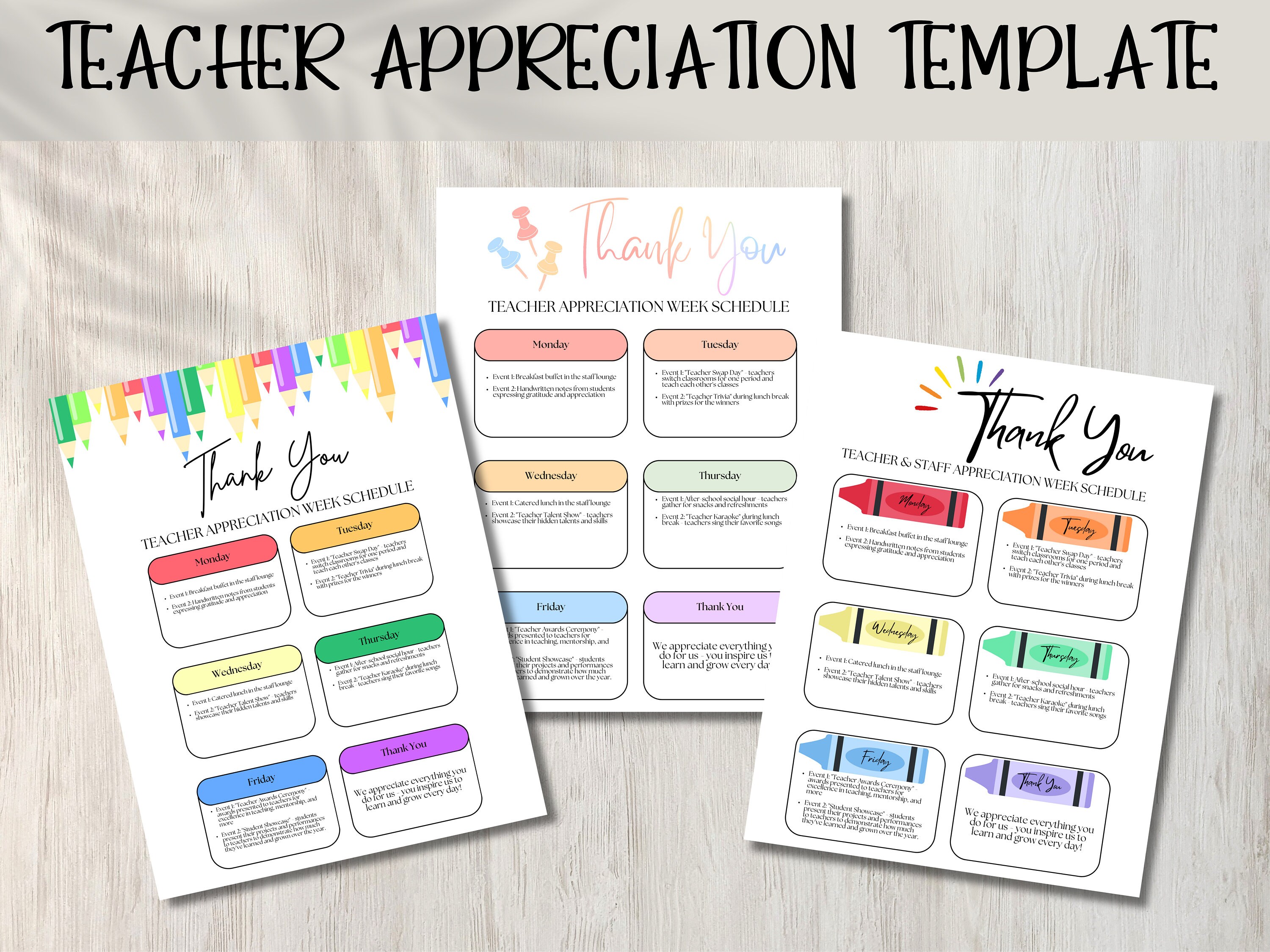 Teacher Appreciation Week Daily Activity Itinerary Flyer | Teacher ...