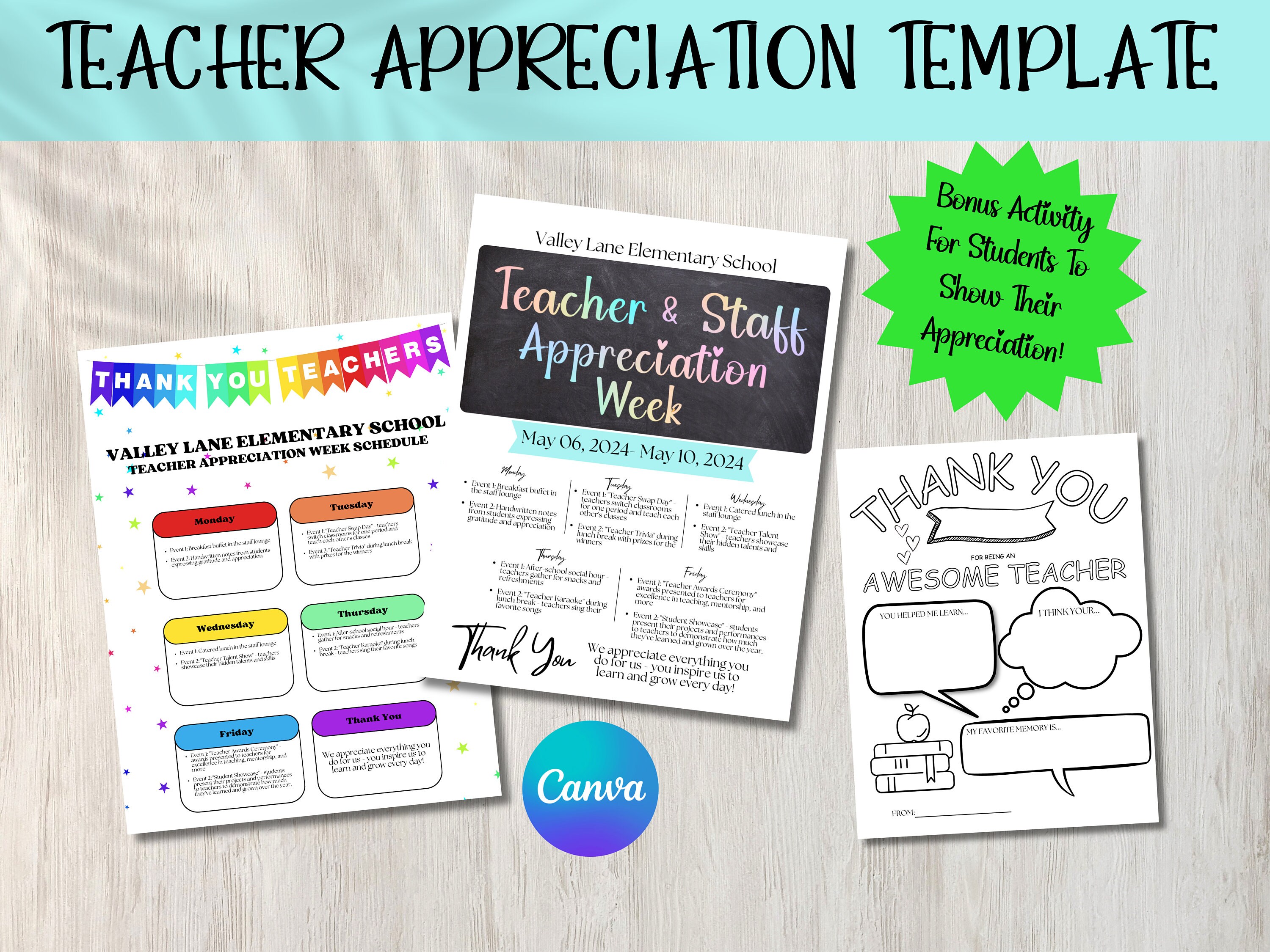 Teacher Appreciation Week Daily Activity Itinerary Flyer | Teacher ...