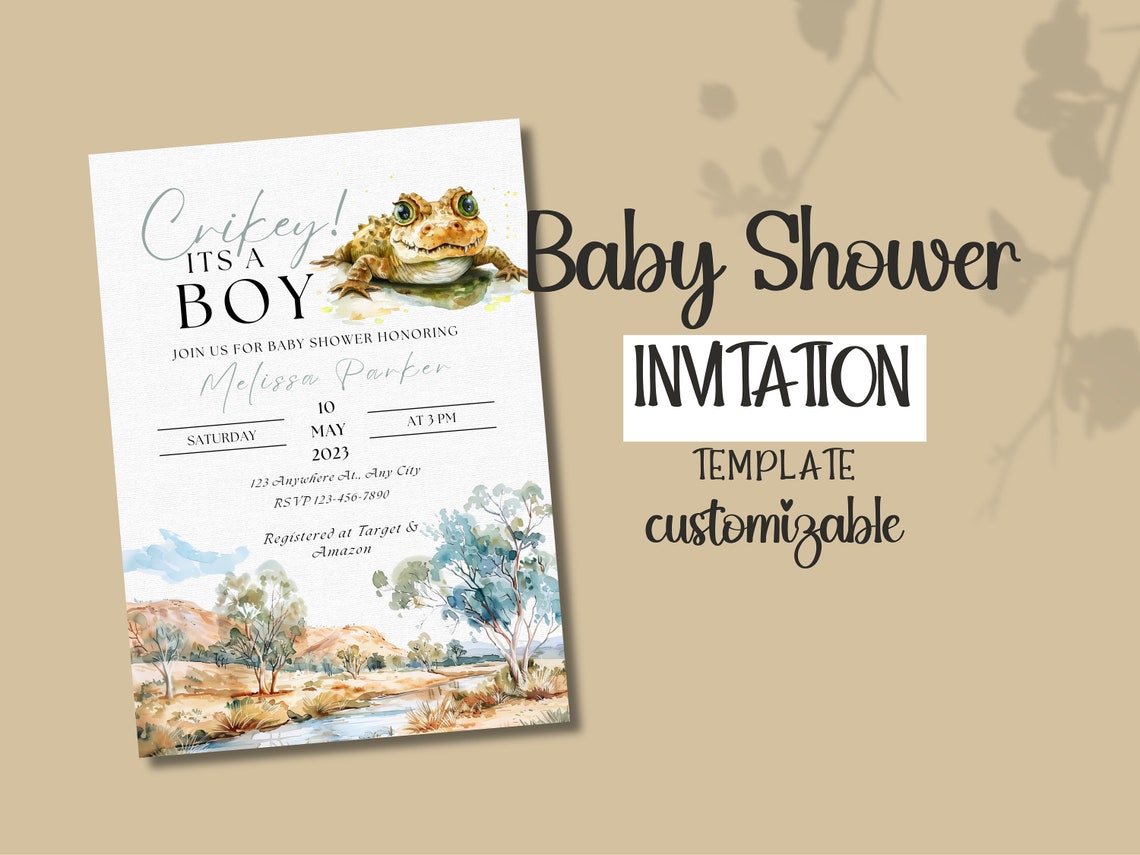 Crikey Its A Boy Baby Animal Baby Shower Invite | Crocodile Baby Shower ...