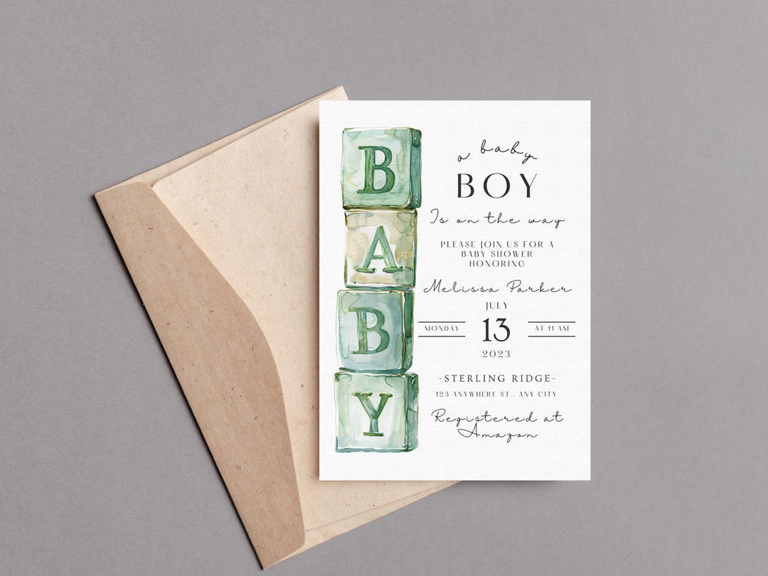 Sage Green Baby Blocks Baby Shower | Text Invite | Boy Baby Shower ...