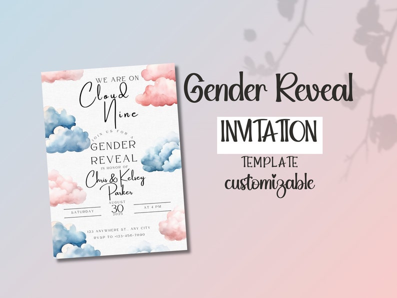 Blue and Pink Cloud Gender Reveal Invitation Template | Text Invite ...