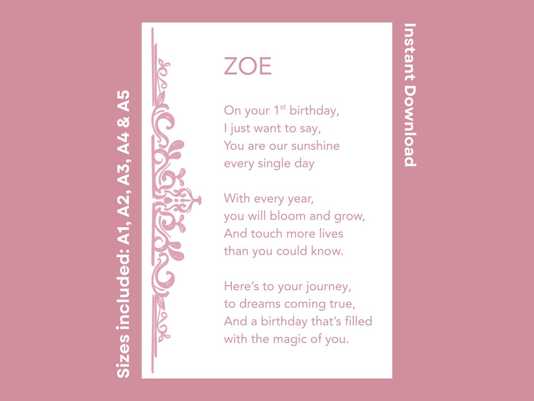 Personalized 1st Birthday Poem for Zoe, Keepsake Print (digital ...