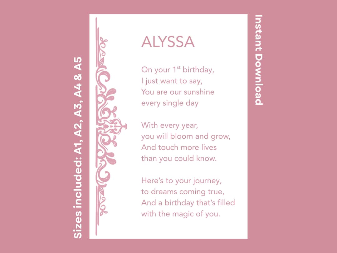 Alyssa 1st Birthday Poem, Personalized Girl Gift (digital Download) - Etsy