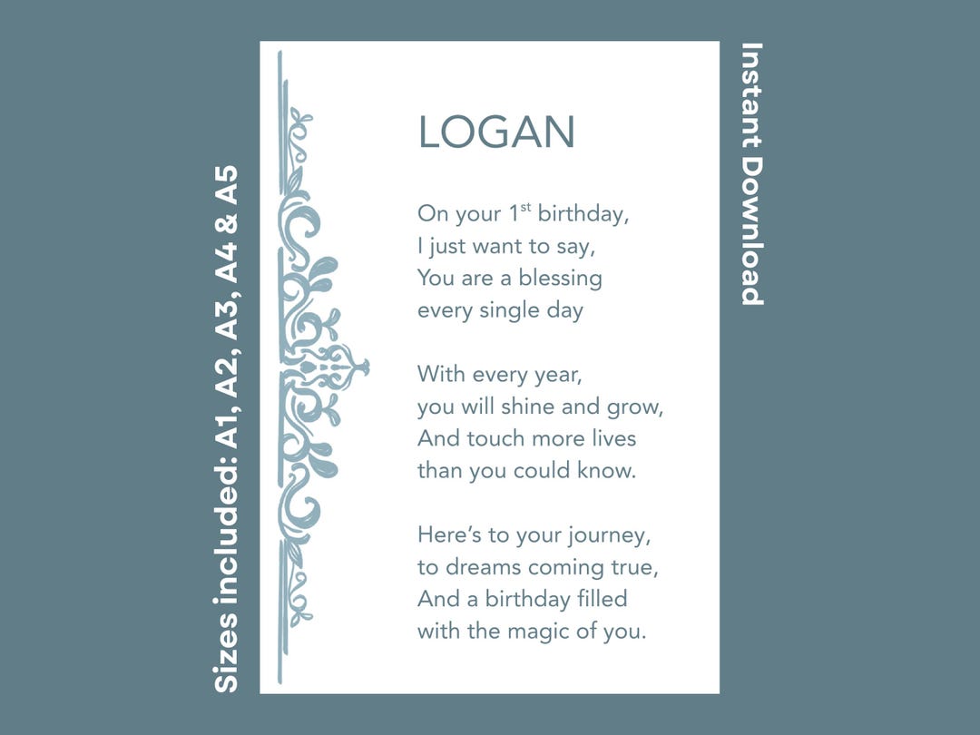 Personalized 1st Birthday Poem for Logan, Keepsake Print (digital ...