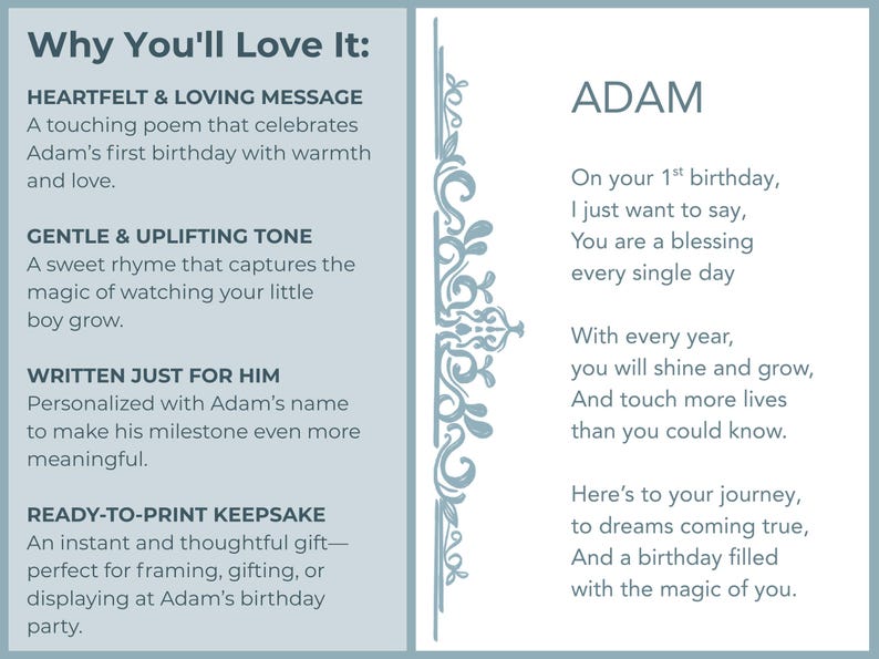 Adam Happy 1st Birthday Poem Printable First Celebration Verse for Son ...