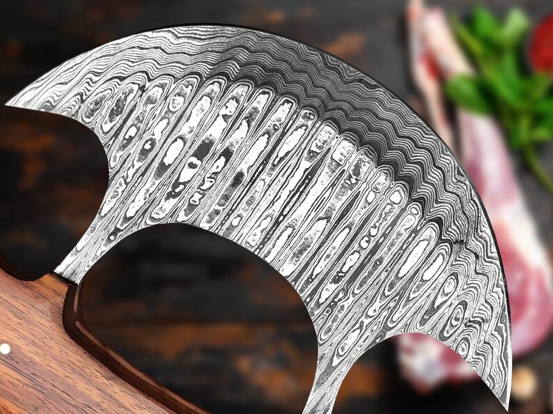 Mix Ladder Pattern Damascus Ulu Knife With Brass Pins for One-handed ...